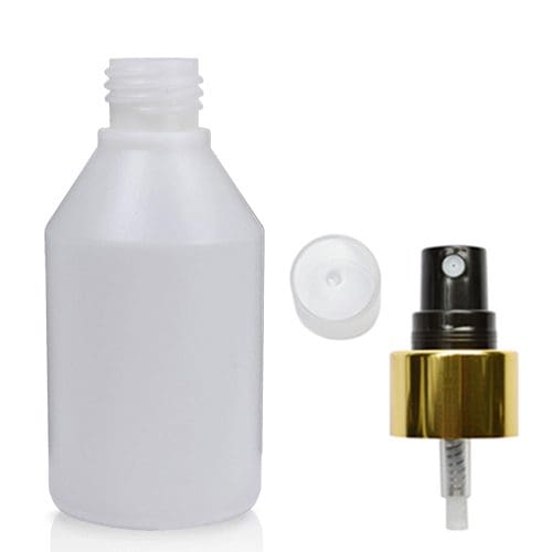 150ml Natural HDPE Plastic Round Bottle & Gold Atomiser Spray | Ampulla