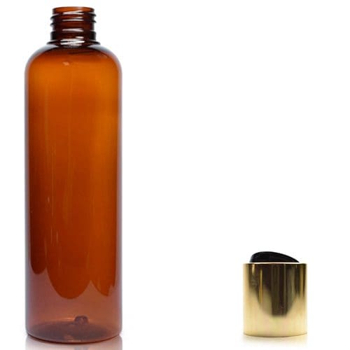 250ml Amber Plastic Bottle With Gold Disc Top - UK Packaging - Ampulla