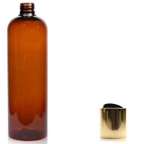 500ml Tall Amber Plastic Bottle & Gold Disc-Top - Ampulla LTD
