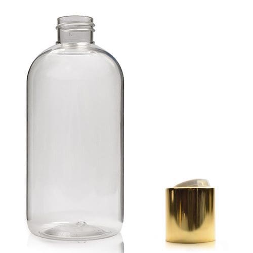 250ml Clear PET Boston Bottle With Gold Disc Top Cap - Ampulla