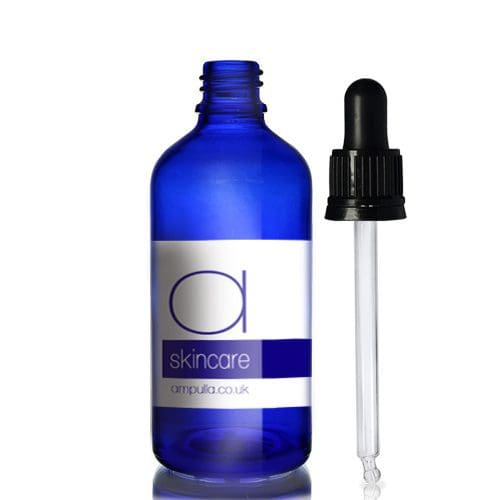 100ml Blue Glass Skincare Bottle With Glass Pipette - Ampulla
