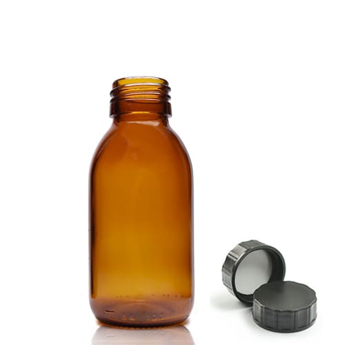100ml Amber Glass Syrup Bottle & Plastic Screw Cap - Ampulla Ltd