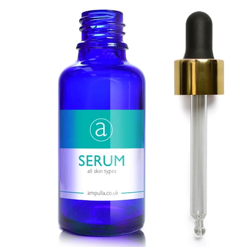 30ml Blue Glass Serum Bottle With Luxury Gold Pipette - Ampulla