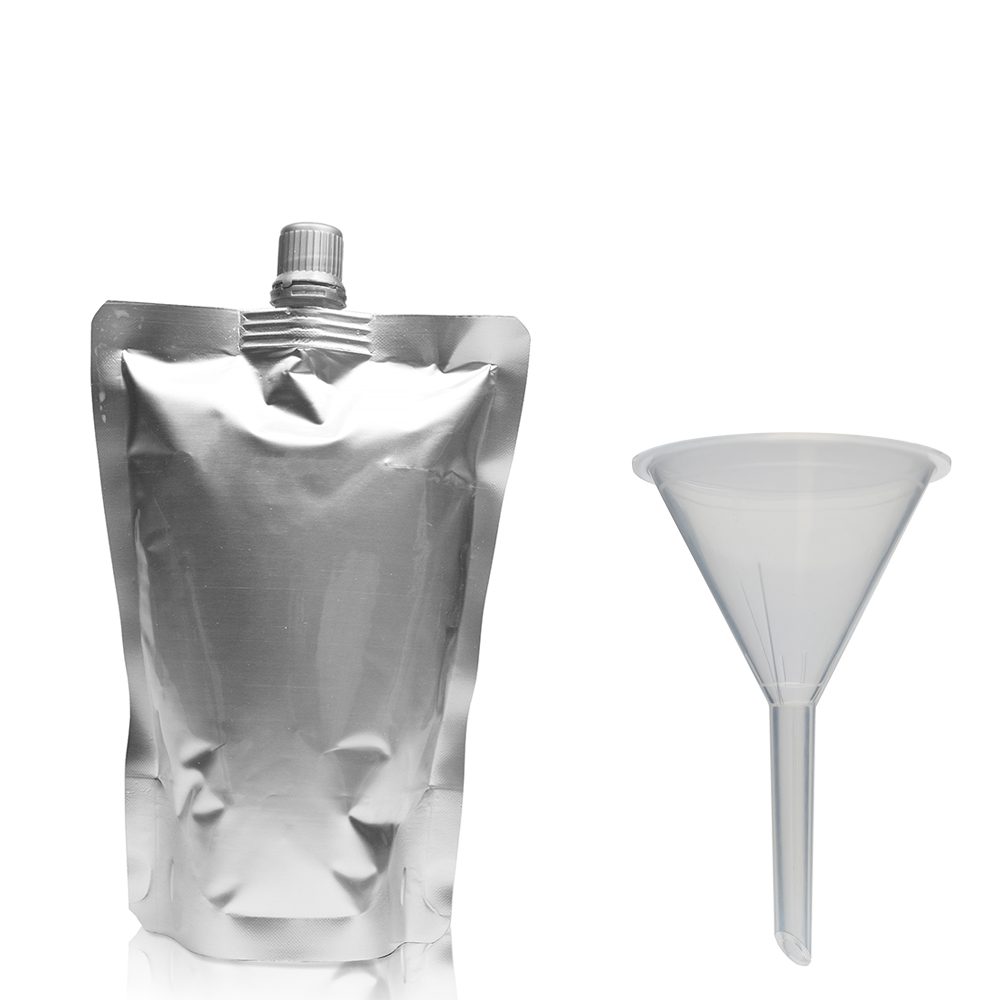 250ml Matt Silver Centre Spout Pouch With Grey Cap & Funnel